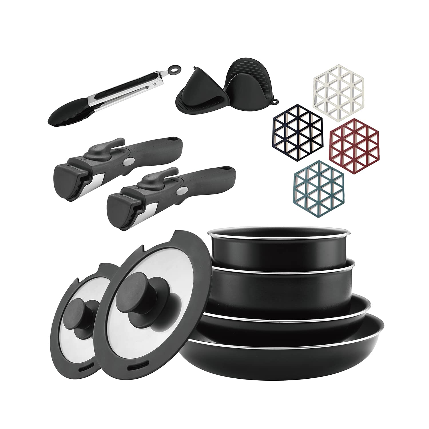 Abizoe 15 Piece Non-Stick Cookware Set Non-Stick Pans and Pots with Removable Handles, Space Efficient Excellent for RVs and Compact Kitchen (15 pieces)