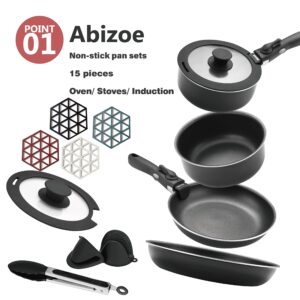 Abizoe 15 Piece Non-Stick Cookware Set Non-Stick Pans and Pots with Removable Handles, Space Efficient Excellent for RVs and Compact Kitchen (15 pieces)