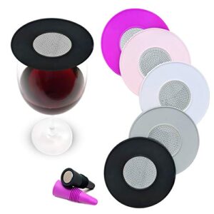 premium wine glass covers set of 5 with 2 bottle stoppers-outdoor ventilated wine glass covers for bugs-silicone & stainless steel mug cover lid set for tumbler-bug fly lids for glasses-amethyst moon