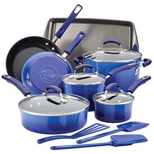 Rachael Ray Brights Nonstick Cookware Pots and Pans Set, 14 Piece, Blue Gradient