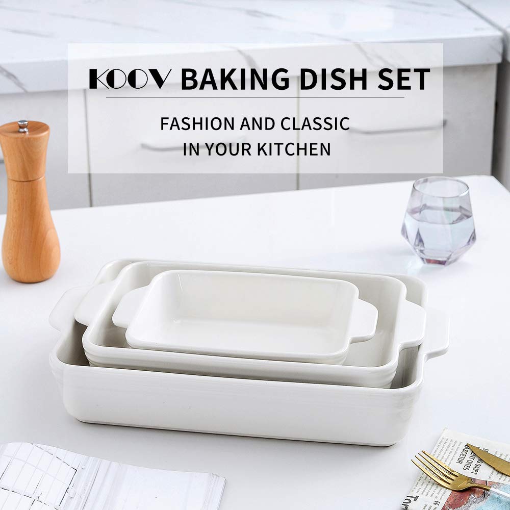 KOOV Bakeware Set, Ceramic Baking Dish Set, Rectangular Casserole Dish Set, lasagna Pan, Baking Pans Set for Cooking, Cake Dinner, Kitchen, 9 x 13 Inches, 3-Piece (Set of 3, White)