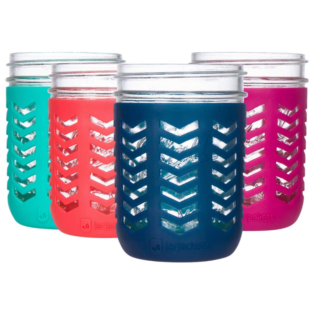 JarJackets Silicone Mason Jar Protector Sleeve - Fits Ball, Kerr 16oz (1 pint) WIDE-Mouth Jars | Package of 4 (Multicolor) …