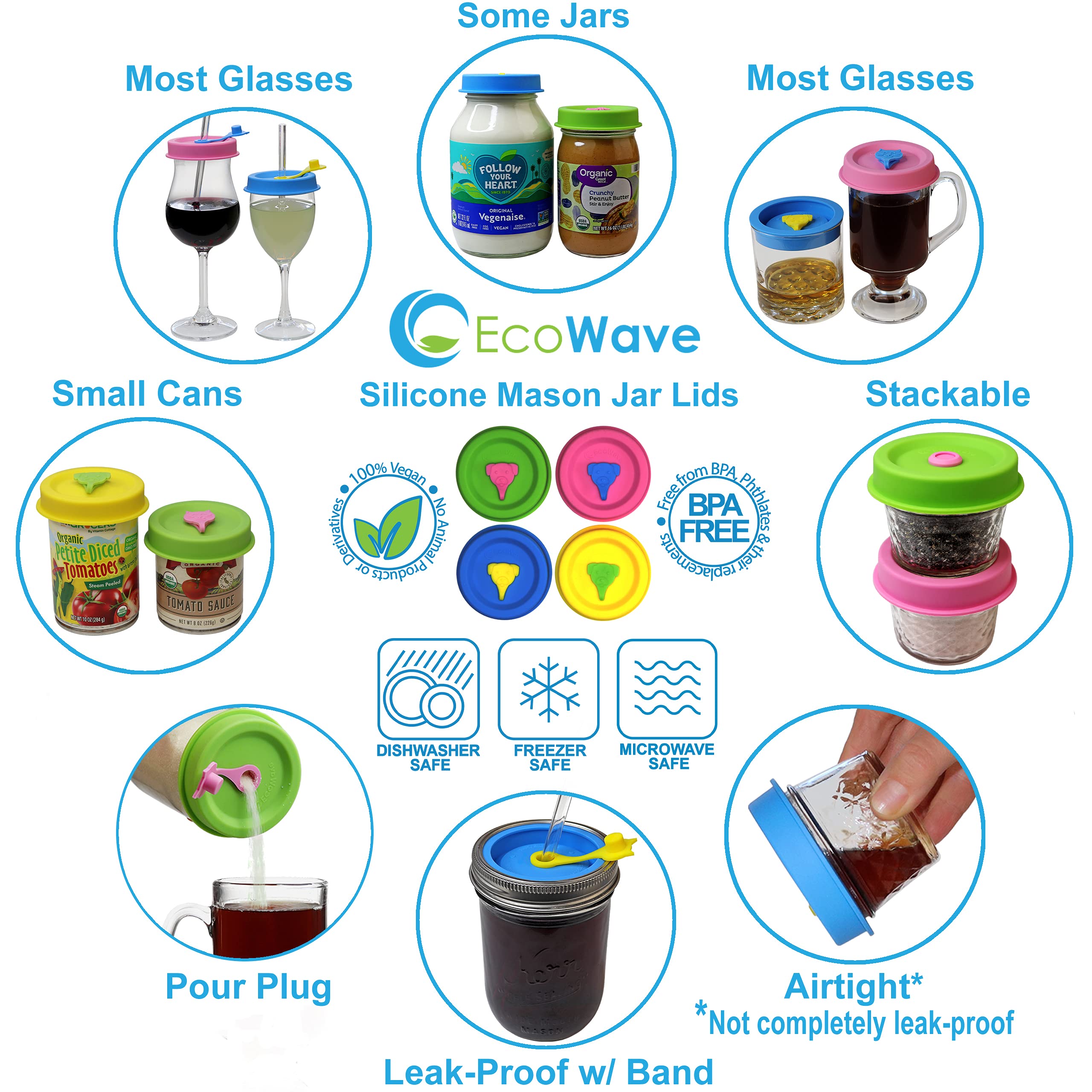 EcoWave Silicone Mason Jar Lids With Straw Hole DOG Stopper Plug - Regular Mouth Mason Jar Drinking Lids Snap Lids/Push-on Top Lids, Plastic-free, BPA-free, Vegan (4, Regular Mouth)