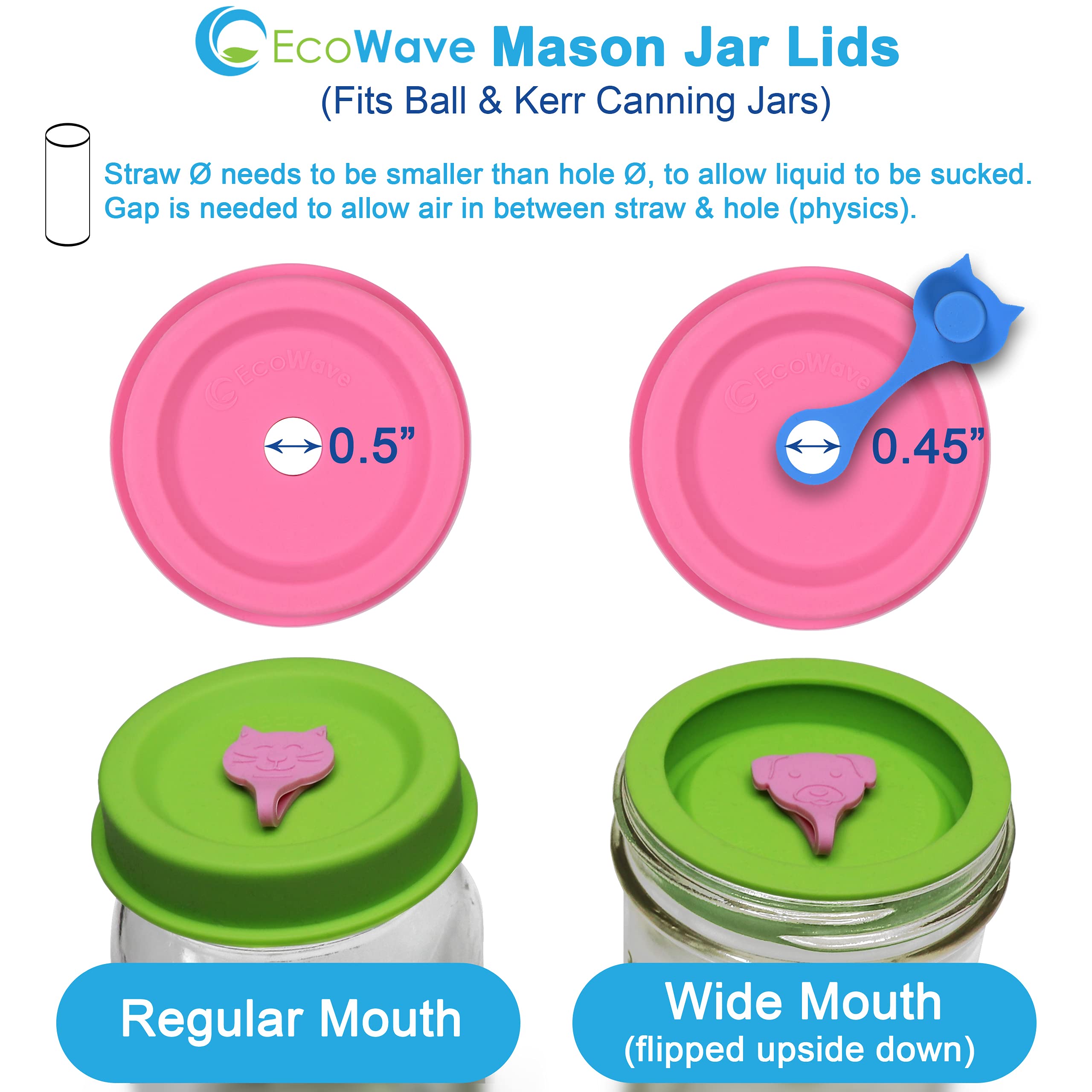 EcoWave Silicone Mason Jar Lids With Straw Hole DOG Stopper Plug - Regular Mouth Mason Jar Drinking Lids Snap Lids/Push-on Top Lids, Plastic-free, BPA-free, Vegan (4, Regular Mouth)