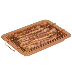 gotham steel bacon bonanza large baking pan with rack for crispy bacon + crisper tray for bacon with grease catcher, nonstick bacon cooker for oven / copper bacon pan, non-toxic oven / dishwasher safe