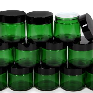 Vivaplex, 12, Green, 2 oz, Round Glass Jars, with Inner Liners and black Lids