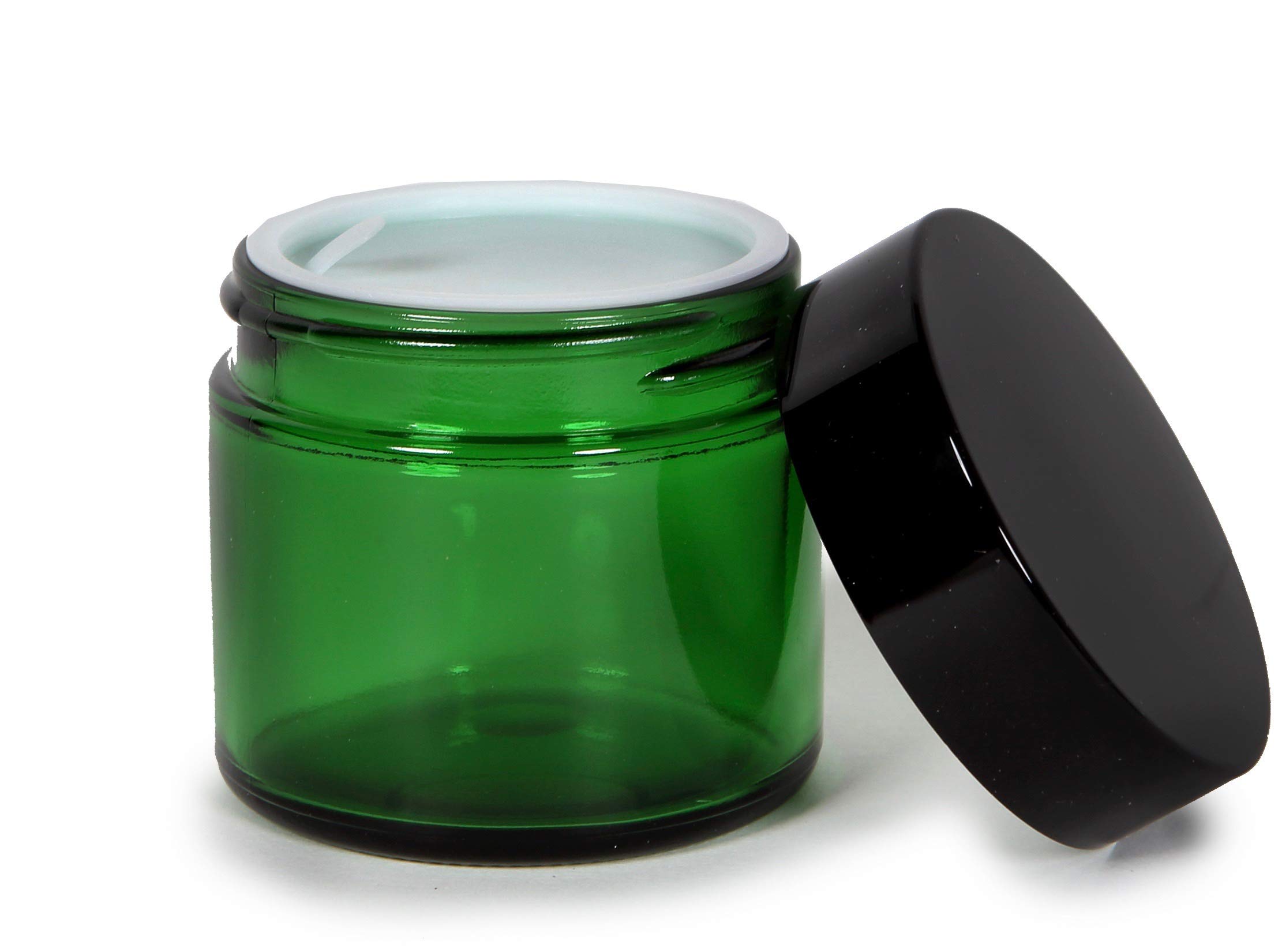 Vivaplex, 12, Green, 2 oz, Round Glass Jars, with Inner Liners and black Lids