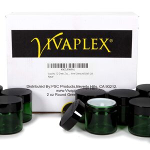 Vivaplex, 12, Green, 2 oz, Round Glass Jars, with Inner Liners and black Lids