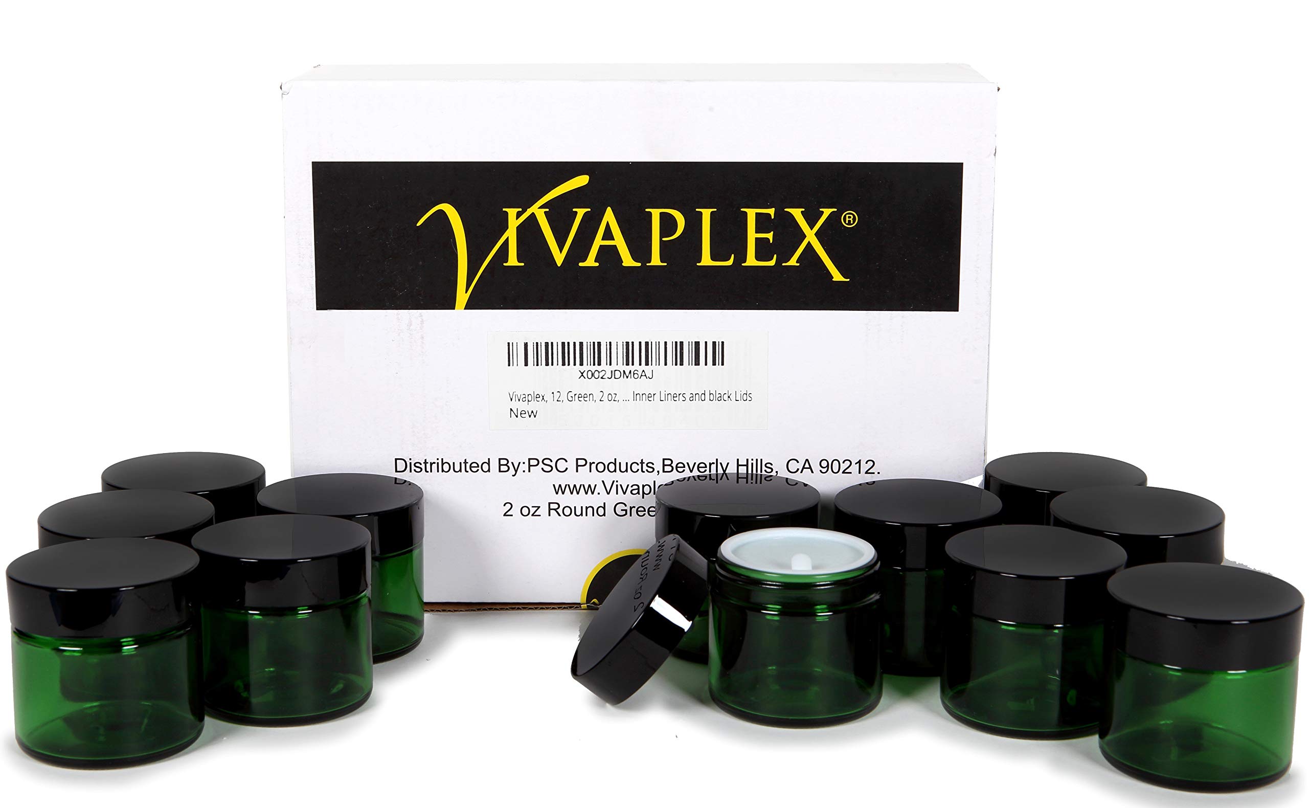 Vivaplex, 12, Green, 2 oz, Round Glass Jars, with Inner Liners and black Lids