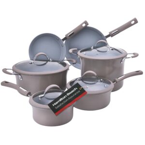 hamilton beach hae601 grey ceramic coating interior aluminum cookware set (10 pieces), 3 mm, taupe/champagn