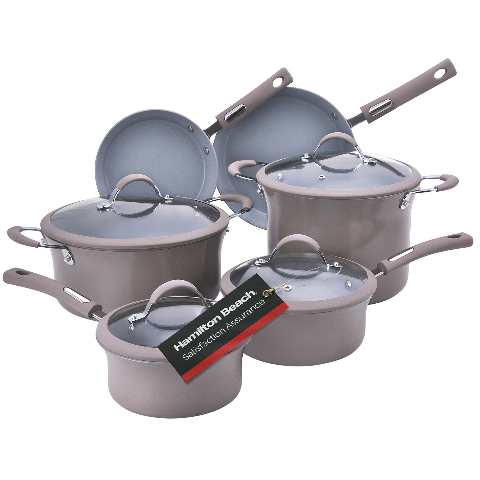 Hamilton Beach HAE601 Grey Ceramic Coating Interior Aluminum Cookware Set (10 Pieces), 3 mm, Taupe/Champagn