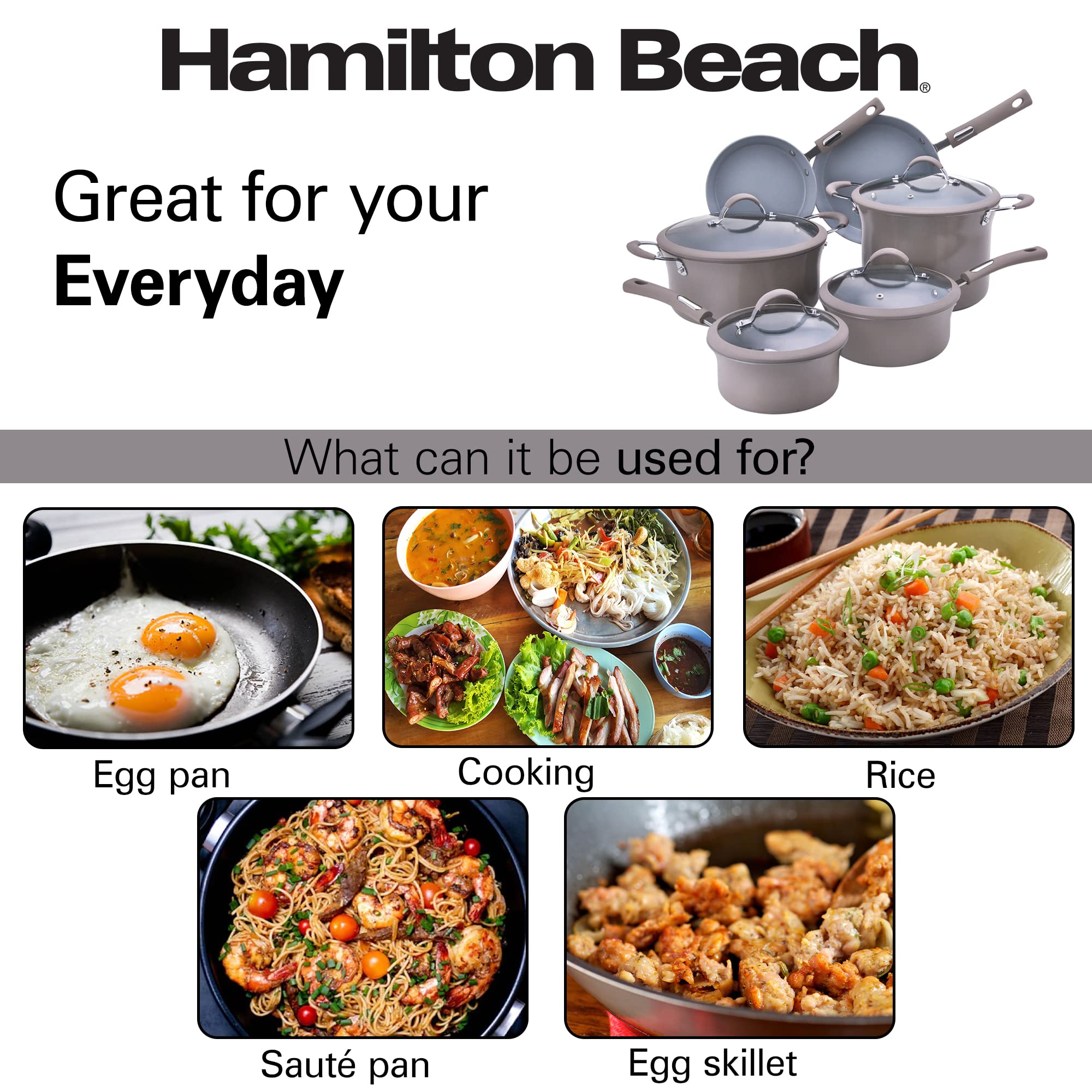 Hamilton Beach HAE601 Grey Ceramic Coating Interior Aluminum Cookware Set (10 Pieces), 3 mm, Taupe/Champagn