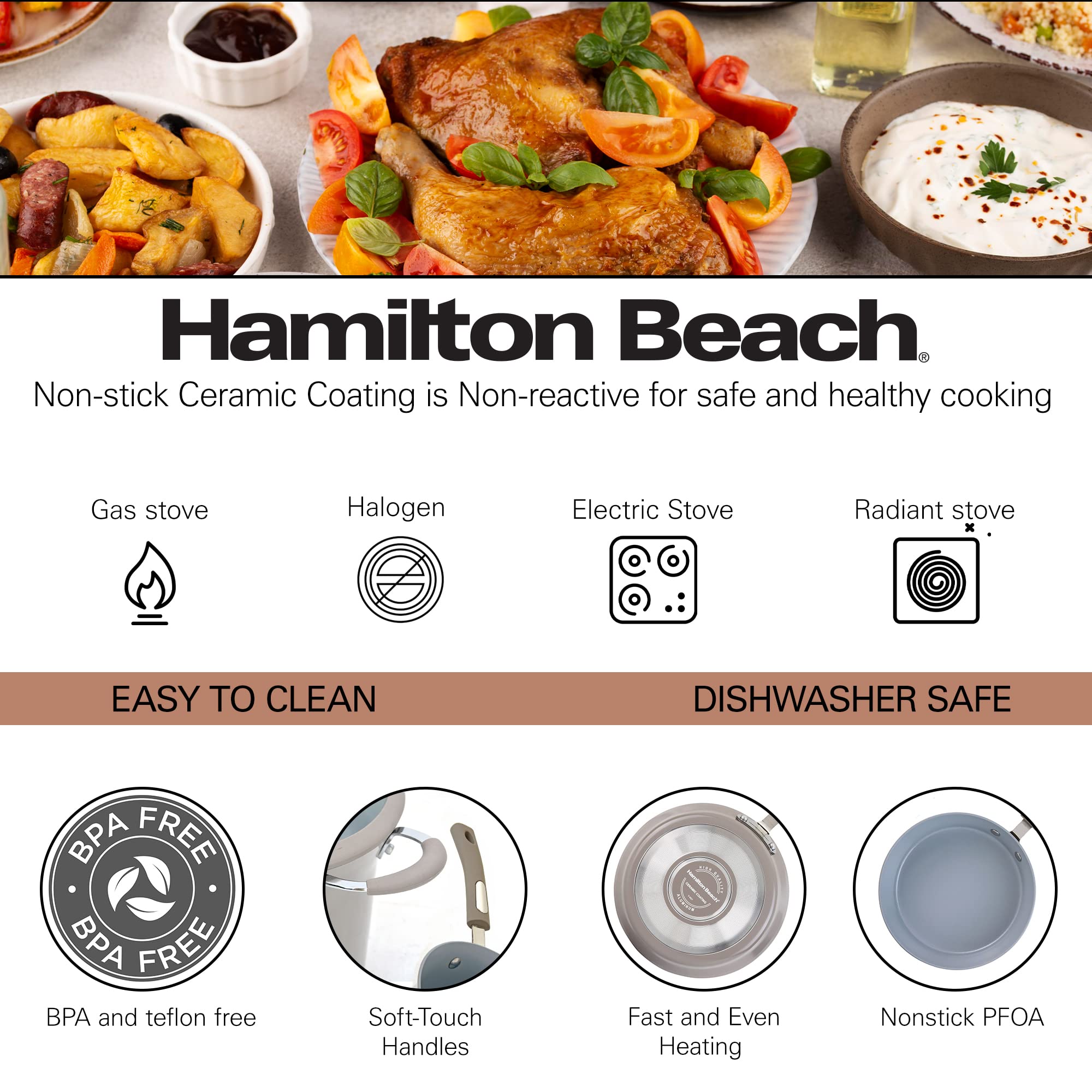 Hamilton Beach HAE601 Grey Ceramic Coating Interior Aluminum Cookware Set (10 Pieces), 3 mm, Taupe/Champagn