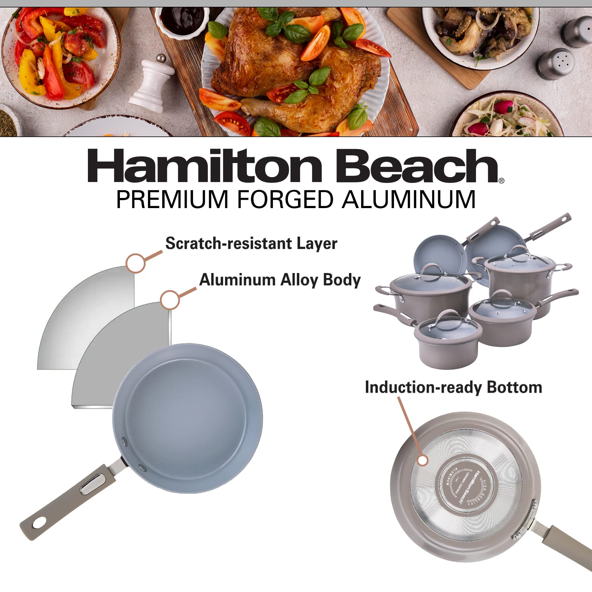 Hamilton Beach HAE601 Grey Ceramic Coating Interior Aluminum Cookware Set (10 Pieces), 3 mm, Taupe/Champagn