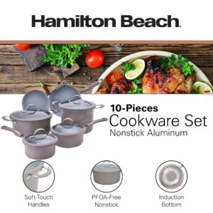 Hamilton Beach HAE601 Grey Ceramic Coating Interior Aluminum Cookware Set (10 Pieces), 3 mm, Taupe/Champagn