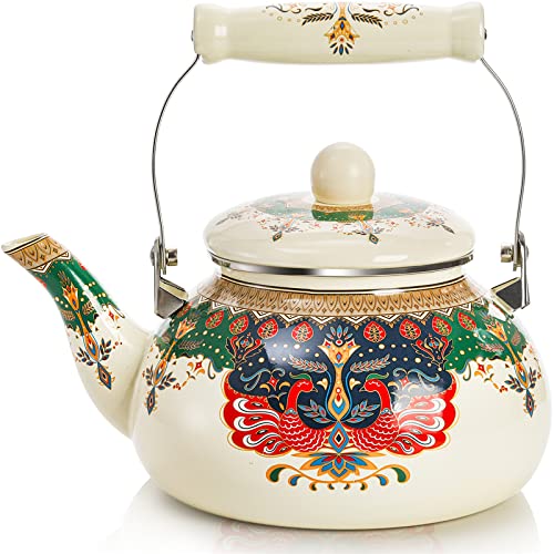 DEAYOU 2.6 Quart Enamel Tea Kettle, 2.5L Porcelain Tea Pot with Handle for Hot Water, No Whistling