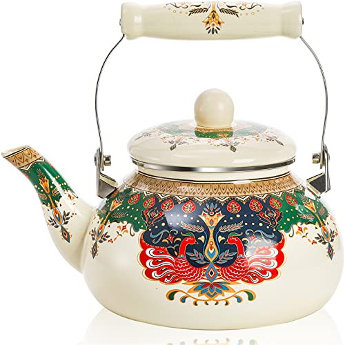 DEAYOU 2.6 Quart Enamel Tea Kettle, 2.5L Porcelain Tea Pot with Handle for Hot Water, No Whistling