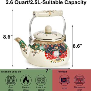 DEAYOU 2.6 Quart Enamel Tea Kettle, 2.5L Porcelain Tea Pot with Handle for Hot Water, No Whistling