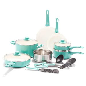 greenlife soft grip healthy ceramic nonstick, 15 piece cookware pots and pans set, induction, pfas-free, dishwasher safe, turquoise