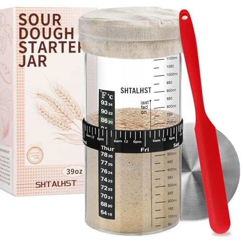 Sourdough Starter Jar Kit-1100ml/39Oz, Sourdough Starter Kit, Sour Dough Starter Jar With Stainless Steel Lid, Thermometer, Silicone Scraper, Cloth Cover And Date Marked Feeding Band (1 Pack)