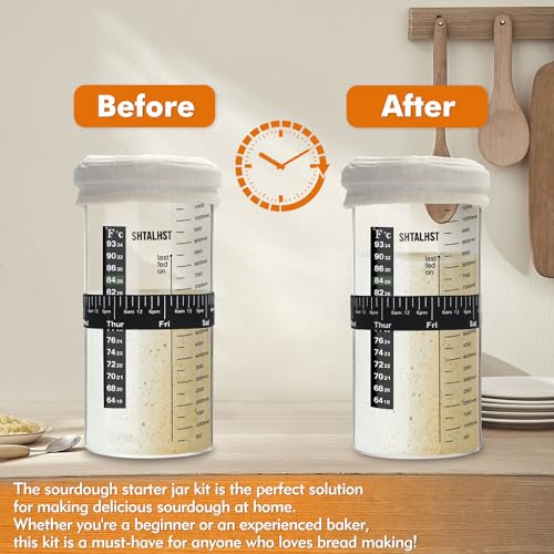 Sourdough Starter Jar Kit-1100ml/39Oz, Sourdough Starter Kit, Sour Dough Starter Jar With Stainless Steel Lid, Thermometer, Silicone Scraper, Cloth Cover And Date Marked Feeding Band (1 Pack)