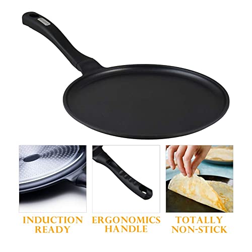 S·KITCHN Crepe Pan Nonstick Dosa Pan, Tawa Pan for Roti Indian, Non-Stick Pancake Griddle Compatible with Induction Cooktop, Comal for Tortillas, Griddle Pan for Stove Top - 11 Inches