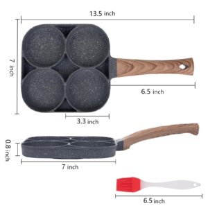 yarlung 4-Cup Fried Egg Frying Pan with Brush for Oil, Non-stick Poached Egg Pan Pancake Skillet for Burger, Omelet, Outdoor Camping, 13.5 x 7 Inches