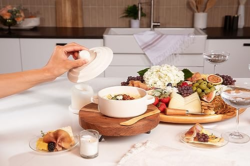 Stoneware Brie Cheese Baking Dish and Warmer with Lid - Oven Safe - Great for Charcuterie Board and Grazing Table Accessories - Perfect for Camembert, Baked Brie, Fondue, Dip - Oven Safe Ceramic Crock