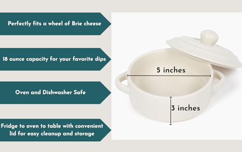 Stoneware Brie Cheese Baking Dish and Warmer with Lid - Oven Safe - Great for Charcuterie Board and Grazing Table Accessories - Perfect for Camembert, Baked Brie, Fondue, Dip - Oven Safe Ceramic Crock