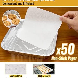 NUPICK 35 Pack 8 inch Square Baking Cake Pans with Plastic Lids and Non-Stick Paper (50 Sheets), Disposable Aluminum Foil Food Containers