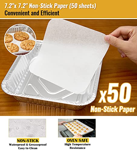 NUPICK 35 Pack 8 inch Square Baking Cake Pans with Plastic Lids and Non-Stick Paper (50 Sheets), Disposable Aluminum Foil Food Containers