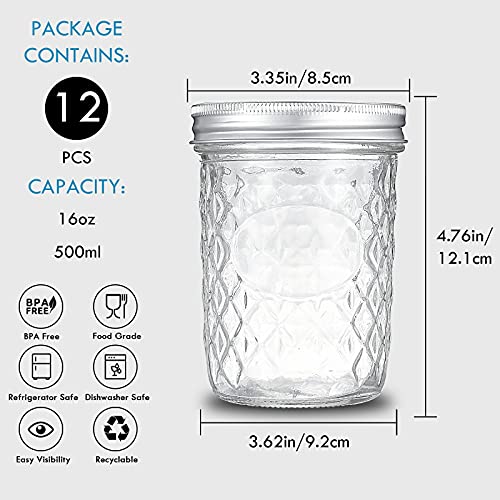 YEBODA 16 oz Mason Jars Wide Mouth Canning Jars 12 Pack Glass Jars with Silver Metal Airtight Lids and Bands for Jam, Honey, Wedding Favors, Shower Favors, Yogurt, Sauces, Overnight Oats