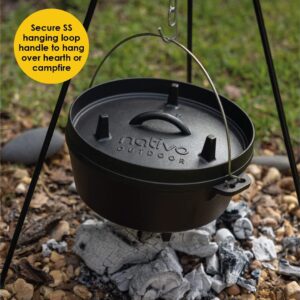 NATIVO 6QT Pre-Seasoned Outdoor Cast Iron Dutch Oven Pot with Multipurpose Lid, Dutch Oven for Camping and Outdoor Cooking using Fire and Coals, With Legs and Reversible Lid Grill