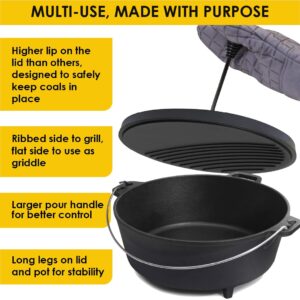 NATIVO 6QT Pre-Seasoned Outdoor Cast Iron Dutch Oven Pot with Multipurpose Lid, Dutch Oven for Camping and Outdoor Cooking using Fire and Coals, With Legs and Reversible Lid Grill