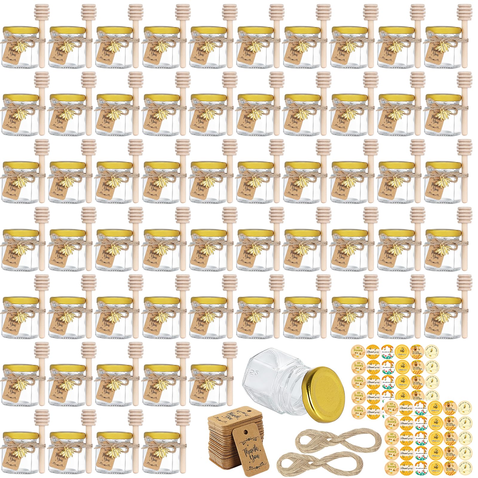 CRTWDMAN 60 Pack Mini Honey Jars/Pot Metal Lids,1.5 oz Glass ,Wooden Dippers,Bee Charms,Jutes,Stickers,Small,Tiny, Baby Shower Wedding Party Favors