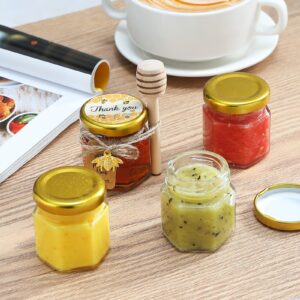 CRTWDMAN 60 Pack Mini Honey Jars/Pot Metal Lids,1.5 oz Glass ,Wooden Dippers,Bee Charms,Jutes,Stickers,Small,Tiny, Baby Shower Wedding Party Favors