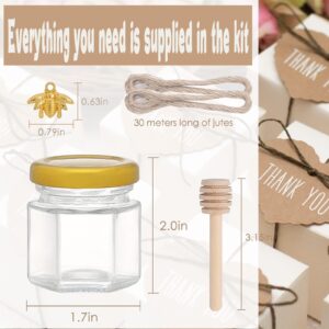 CRTWDMAN 60 Pack Mini Honey Jars/Pot Metal Lids,1.5 oz Glass ,Wooden Dippers,Bee Charms,Jutes,Stickers,Small,Tiny, Baby Shower Wedding Party Favors