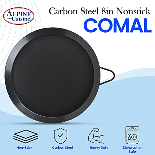 Alpine Cuisine Nonstick Round Comal Griddle 8-Inch - Black Carbon Steel Tortilla Comal with Single Handle - Durable, Heavy Duty Comal for Cooking - Even-Heating