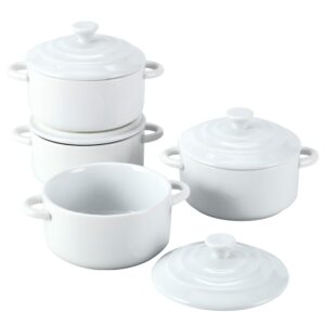 bruntmor 8.5 oz mini cocotte ceramic ramekins for baking, mini casserole dish with lid, cute stoneware individual severing pot, ramekins 8 ounce oven safe souffle dish (white)