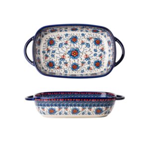 bicuzat blue and orange flower vintage style ceramic bakeware casserole dish baking pan lasagna pans with handles for oven/cooking/kitchen-1 pcs-22 oz