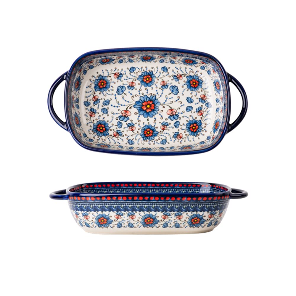 Bicuzat Blue and Orange Flower Vintage Style Ceramic Bakeware Casserole Dish Baking Pan Lasagna Pans with Handles for Oven/Cooking/Kitchen-1 PCS-22 OZ