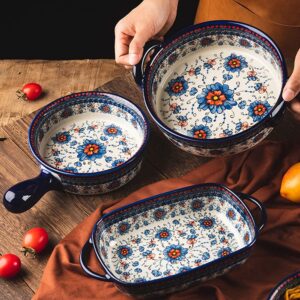 Bicuzat Blue and Orange Flower Vintage Style Ceramic Bakeware Casserole Dish Baking Pan Lasagna Pans with Handles for Oven/Cooking/Kitchen-1 PCS-22 OZ