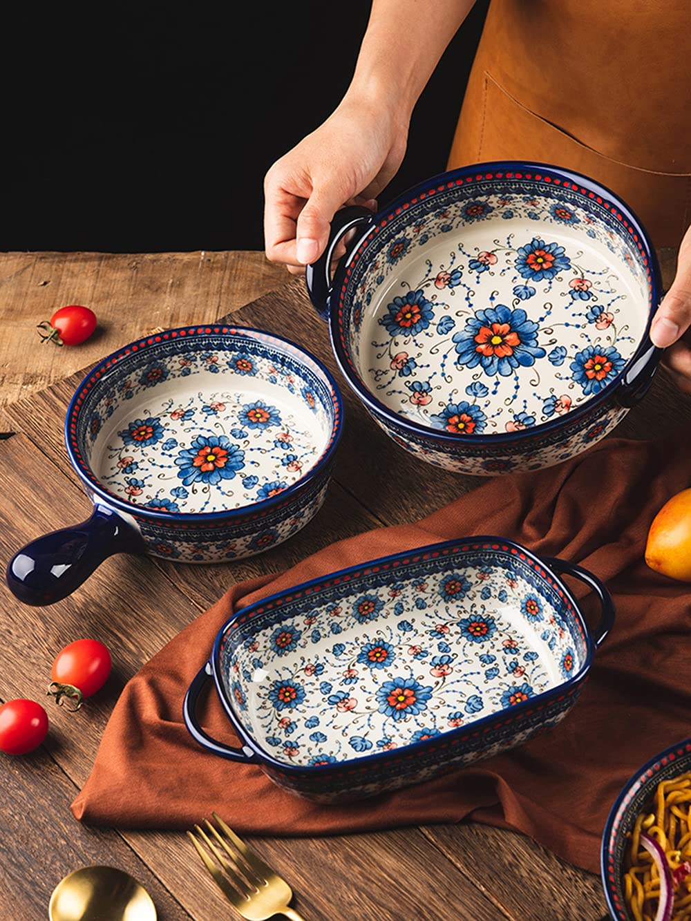 Bicuzat Blue and Orange Flower Vintage Style Ceramic Bakeware Casserole Dish Baking Pan Lasagna Pans with Handles for Oven/Cooking/Kitchen-1 PCS-22 OZ