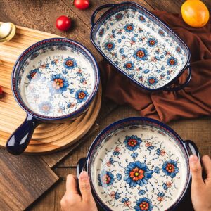 Bicuzat Blue and Orange Flower Vintage Style Ceramic Bakeware Casserole Dish Baking Pan Lasagna Pans with Handles for Oven/Cooking/Kitchen-1 PCS-22 OZ