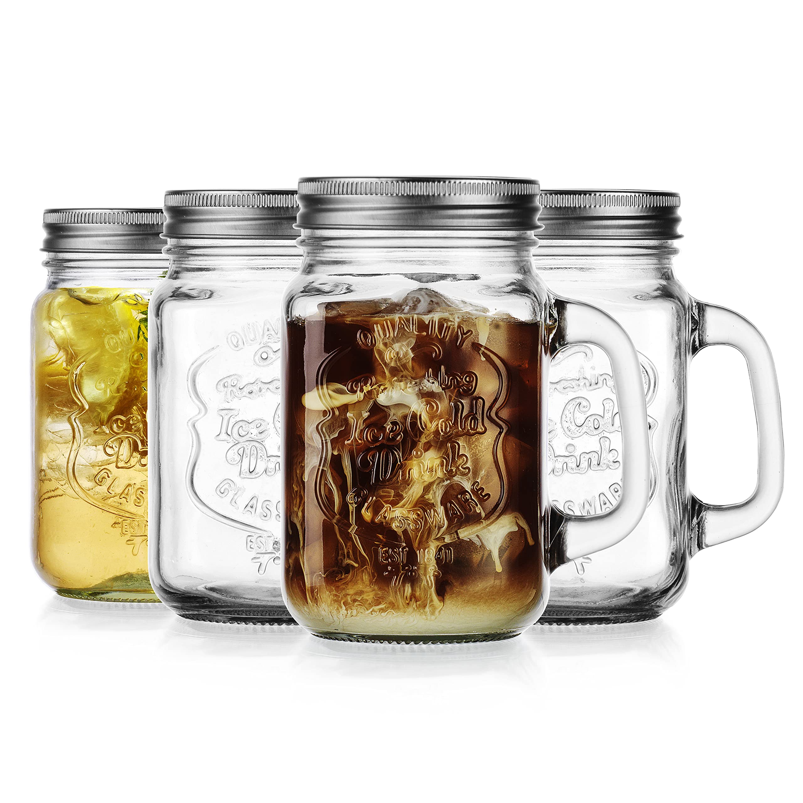 Glaver's Mason Drinking Jars – Set of 4, 16 Oz Clear Glass Jar with Handle and Lid. – Ice-Cold Drink Glassware Logo – Glass Mugs Ideal for Cold Beverages, Juice, Smoothie, Cocktails.