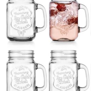 Glaver's Mason Drinking Jars – Set of 4, 16 Oz Clear Glass Jar with Handle and Lid. – Ice-Cold Drink Glassware Logo – Glass Mugs Ideal for Cold Beverages, Juice, Smoothie, Cocktails.