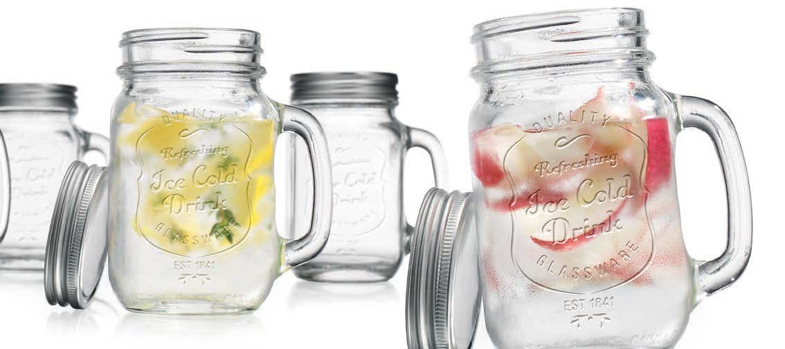 Glaver's Mason Drinking Jars – Set of 4, 16 Oz Clear Glass Jar with Handle and Lid. – Ice-Cold Drink Glassware Logo – Glass Mugs Ideal for Cold Beverages, Juice, Smoothie, Cocktails.