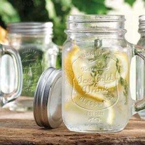 Glaver's Mason Drinking Jars – Set of 4, 16 Oz Clear Glass Jar with Handle and Lid. – Ice-Cold Drink Glassware Logo – Glass Mugs Ideal for Cold Beverages, Juice, Smoothie, Cocktails.