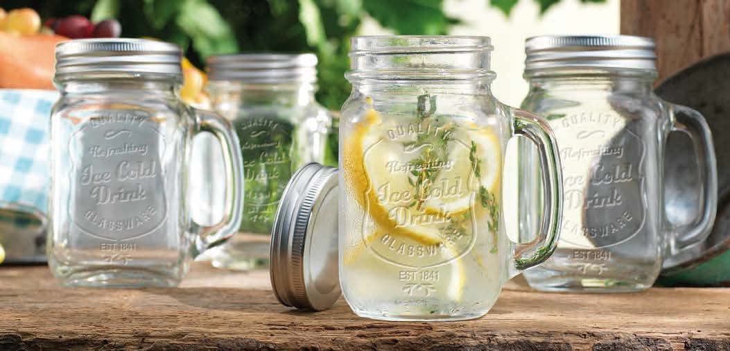 Glaver's Mason Drinking Jars – Set of 4, 16 Oz Clear Glass Jar with Handle and Lid. – Ice-Cold Drink Glassware Logo – Glass Mugs Ideal for Cold Beverages, Juice, Smoothie, Cocktails.