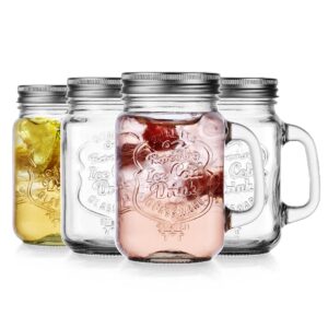 Glaver's Mason Drinking Jars – Set of 4, 16 Oz Clear Glass Jar with Handle and Lid. – Ice-Cold Drink Glassware Logo – Glass Mugs Ideal for Cold Beverages, Juice, Smoothie, Cocktails.